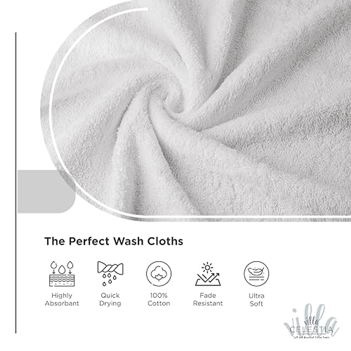 Villa Celestia 100% Cotton Wash Cloth for face & Body Set of 12, (12 x 12 inches) Sustainable, Soft, Highly Absorbent, Combed Cotton Wash Cloths Pack of 12 for Hotels, Spa, Bathroom, Dorm, White