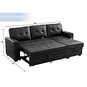 INFINI FURNISHINGS 84" Wide Sectional Sofa with Pull Out Sleeper Bed, Reversible Storage Chaise Lounge, Modern Tufted Line Design Sofabed, Faux Leather, Black