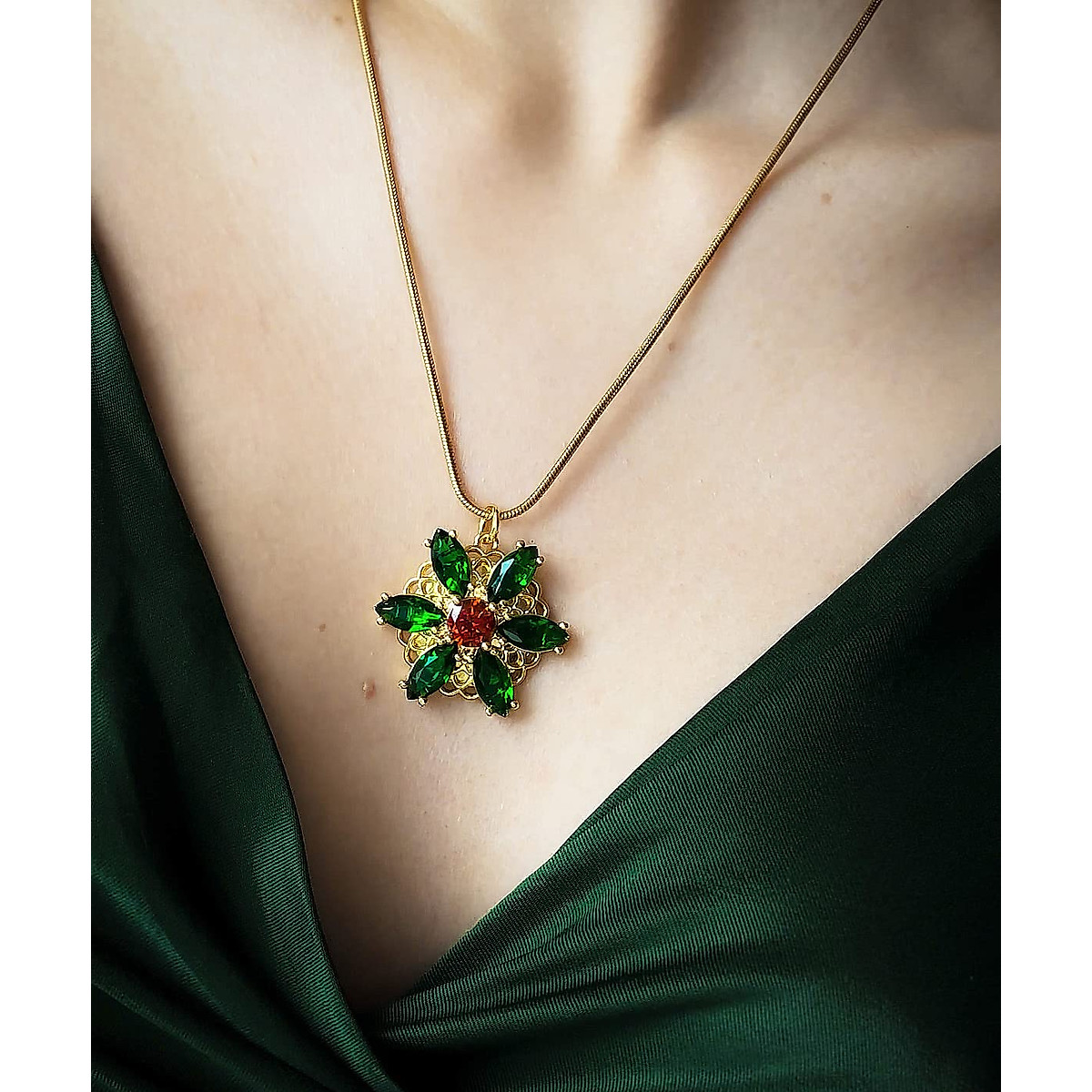 Confede Anastasia Necklace-Lost Princess Inspired Together In Paris Emerald Stone Flower Necklace for Women, Green
