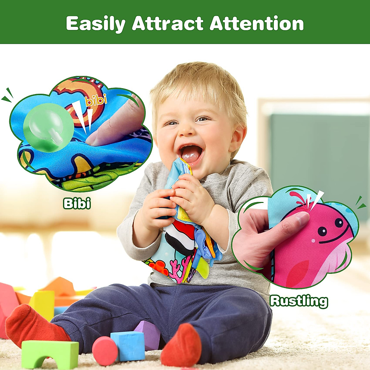 Jupizia Baby Books Toys, Touch and Feel Crinkle Soft Sensory Cloth Books for Babies, Newborns & Infants, Tails Toys Gifts for Boys & Girls