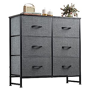 WLIVE Fabric Dresser for Bedroom, 6 Drawer Double Dresser, Storage Tower with Fabric Bins, Chest of Drawers for Closet, Living Room, Hallway, Nursery, Dark Grey