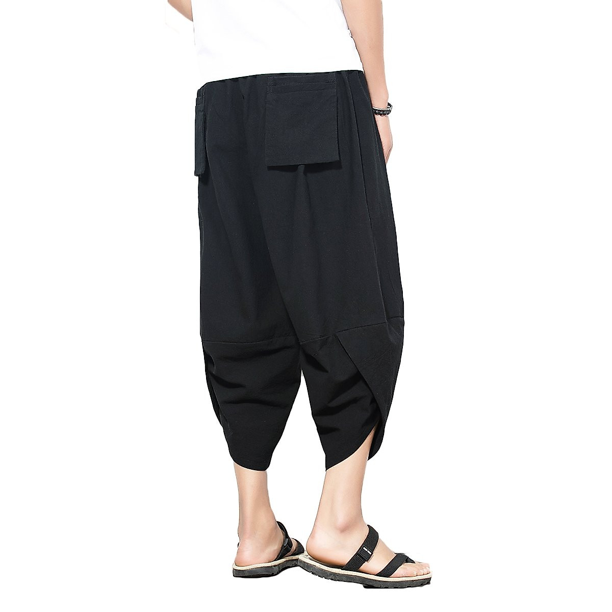 INVACHI Men's Linen Harem Capri Pants Lightweight Elastic Waist Casual Baggy Pants Beach Yoga Trousers J-black