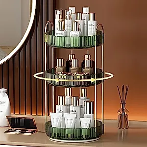 YCIA&DONE 360 Rotating Makeup Organizer and Storage for Vanity Countertop 3 Tiers, High Capacity Cosmetic Skincare Perfume Organizer for Dresser Bathroom Lazy Susan Organizer(Vintage Green)