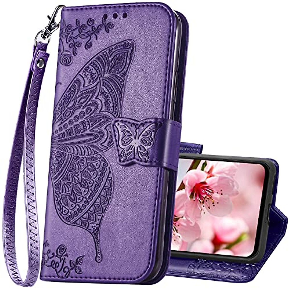 Designed for Galaxy A14 5G Phone Case Wallet,Women Flip Folio Cover with Credit Card Holders Butterfly Embossed PU Leather Kickstand Wrist Strap Purse Case for Samsung A14 5G 6.6 inch (Purple)