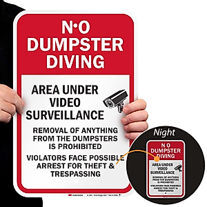 SmartSign 18 x 12 inch “No Dumpster Diving - Area Under Video Surveillance” Sign, 63 mil Aluminum, 3M Laminated Engineer Grade Reflective Material, Red, White and Black, Made in USA
