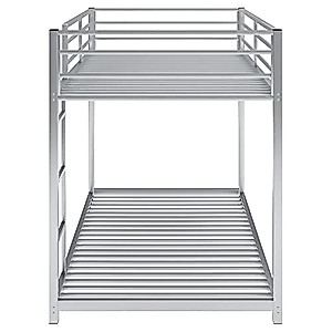 POCIYIHOME Twin Over Twin Steel Bunk Bed, Low Bunk Bed with Ladder & Slat Support & Full Length Guardrail for Kids,Teens Bedroom, Simple & Space-Saving, No Box Spring Needed, Silver