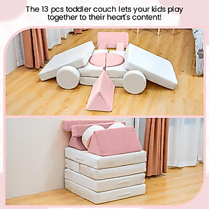 Stmoze 13PCS Modular Kids Play Couch, Kids Couch with Washable Velvet Cover, Modular Couch for Boys and Girls, Convertible Foam and Floor Cushion for Nursery Playroom, Pink & Beige