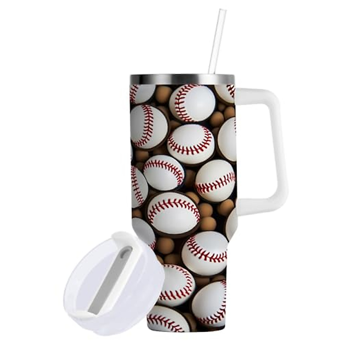 Jihqo Baseball Balls Pattern 40 oz Stainless Steel Vacuum Insulated Tumbler with Handle and Straw Lid, Leakproof Water Bottle Double Wall Travel Mug Coffee Cup, Cupholder Friendly