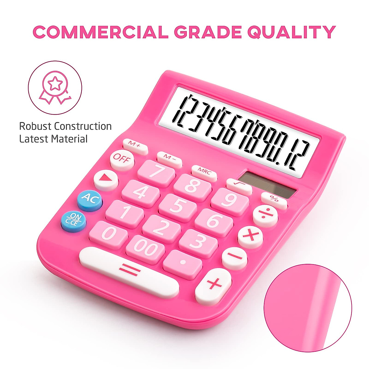 Calculators Desktop, Large Display Big Button, Solar and Battery Dual Power, 12 Digit Small Basic Standard Functional Calculator Cute for Office, Home, School (Pink)
