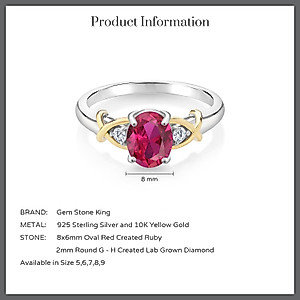 Gem Stone King 10K Yellow Gold and 925 Sterling Silver Red Created Ruby and White Lab Grown Diamond Ring For Women (1.43 Cttw, Oval 8X6MM, Available in Size 5,6,7,8,9)