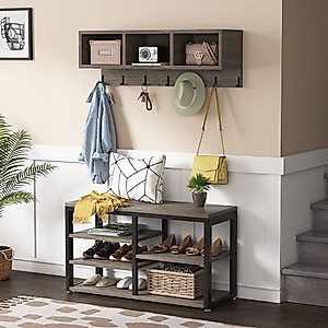Tribesigns Coat Rack Shoe Bench Set Industrial, Hall Tree with 3 Storage Cubbies, 7 Hooks for Entryway, Hallway, 5-in-1Design, Vintage Grey