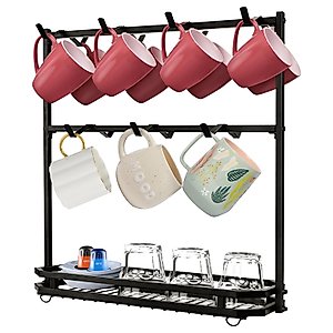 Fcclss Coffee Cup Holder for Countertop, 14 Hooks Coffee Mug Holder Organizer, Mug Tree Rack with Storage Basket, 2 Tier Coffee Mug Cup Holder Stand for Coffee Bar, Kitchen