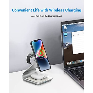 Foscomax 3 in 1 Magnetic Wireless Charging Station, 28W Fast Wireless Mag-Safe Charger Stand with QC3.0 Adapter,for iPhone 14,13,12 Pro Max/Pro/Plus, iWatch Ultra/8/se/7/6/5/4/3/2, AirPods(Silver)