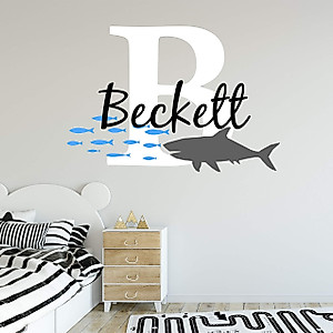 Nursery Baby Shark Name and Initial Custom Wall Decal Sticker, Boy Wall Decal, Boys Name, Decor, Personalized, Boys Name Decor, Girls Nursery, Plus Free White Hello Door Decal (M)