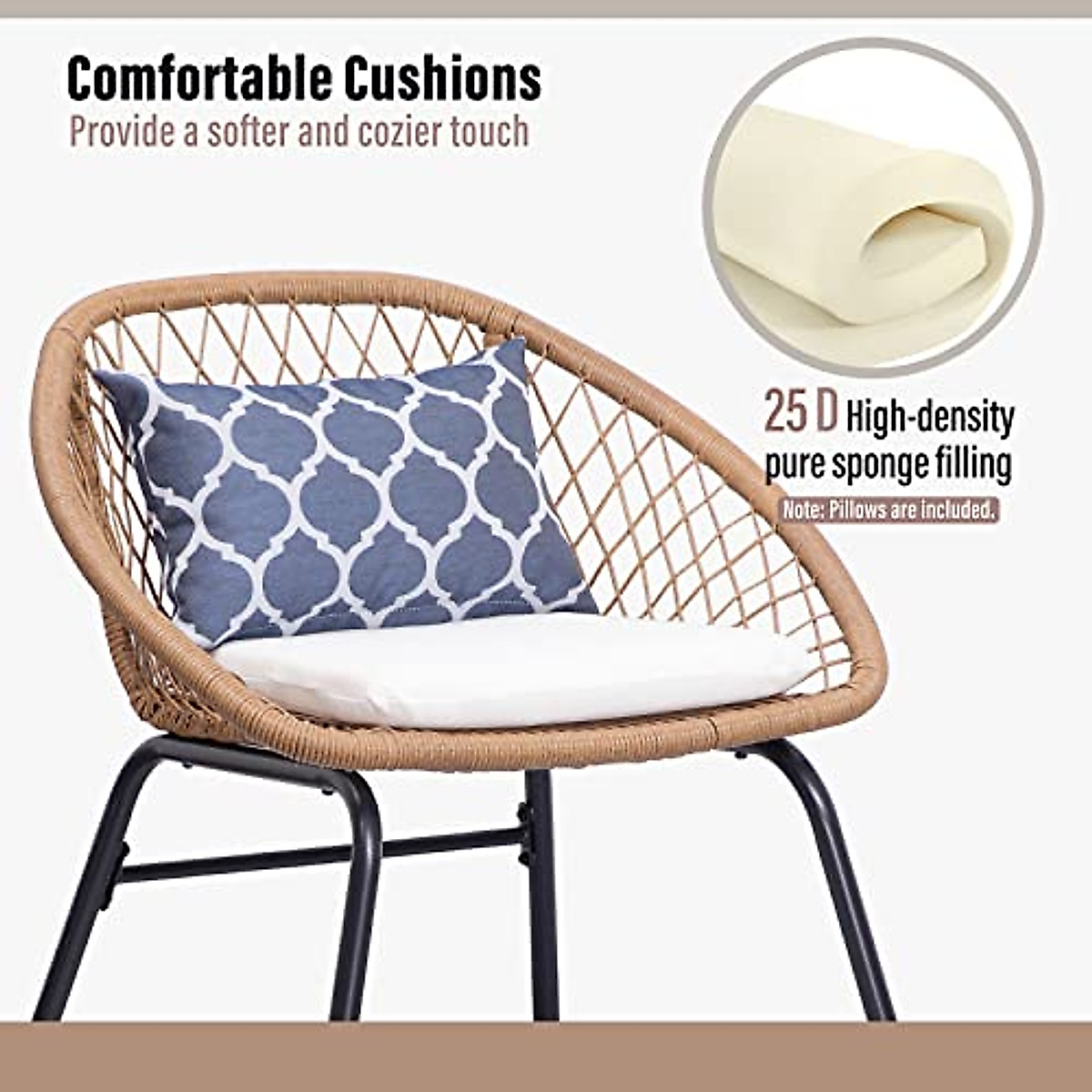 LAUSAINT HOME 3 Piece Patio Bistro Set, Outdoor Wicker Patio Furniture Sets with 2 Wide Chairs and Coffee Table, All-Weather Patio Conversation Set with Diamond Weave Design for Backyard, Balcony