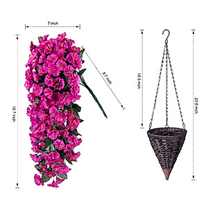 Artificial Wisteria Vine Flowers in Hanging Rattan Basket, Fake Silk Hanging Plant Faux Flower Arrangement with Rattan Rope for Garden Yard Patio Outdoor Home Wedding Party Decoration, White