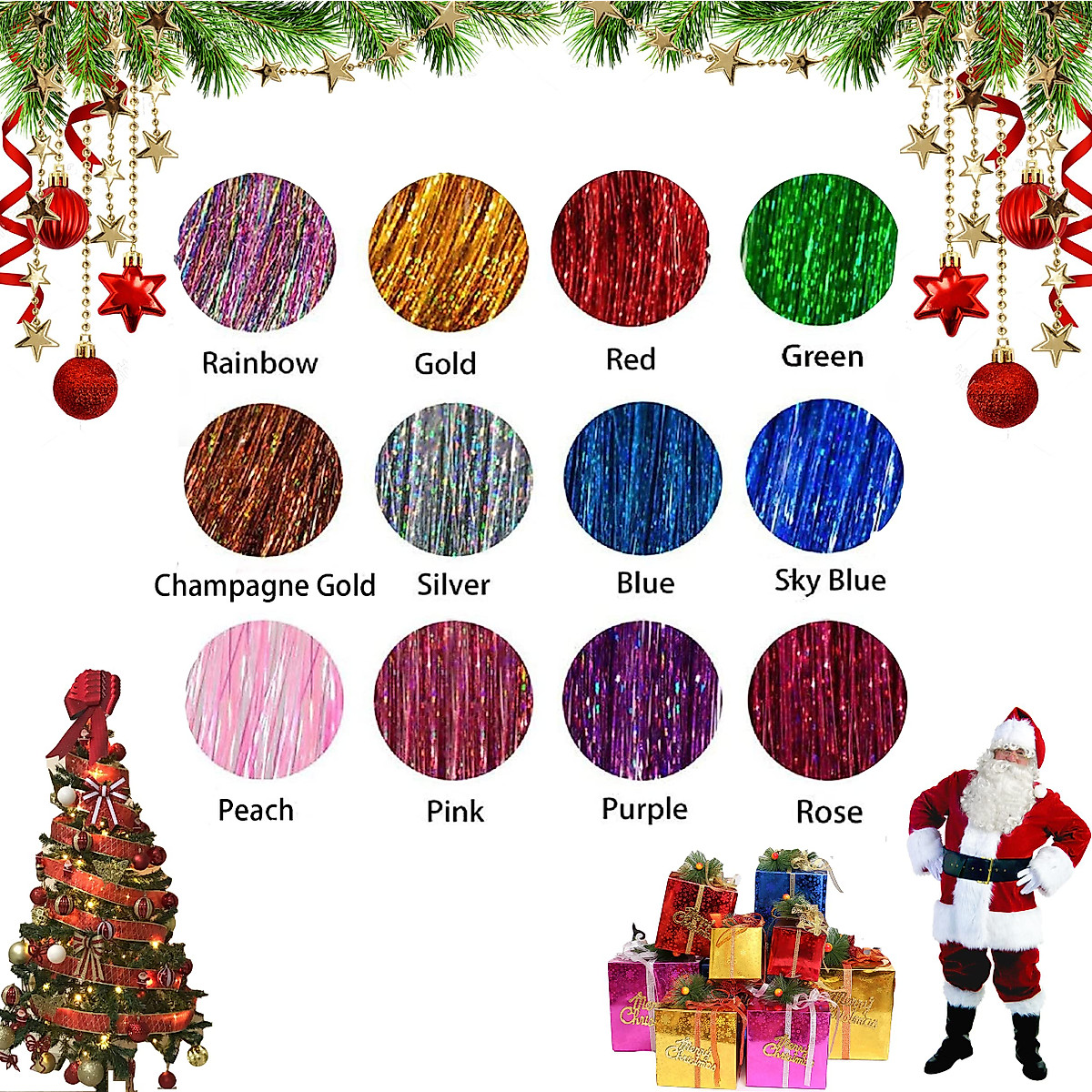 Hair Tinsel Kit With Tool 4200 strands Tinsel Hair Extensions 12 Colors Fairy Hair Tinsel, Sparkling Shiny Hair Tinsel Heat Resistant Highlights Glitter Tinsel Hair Extensions (48 Inch)