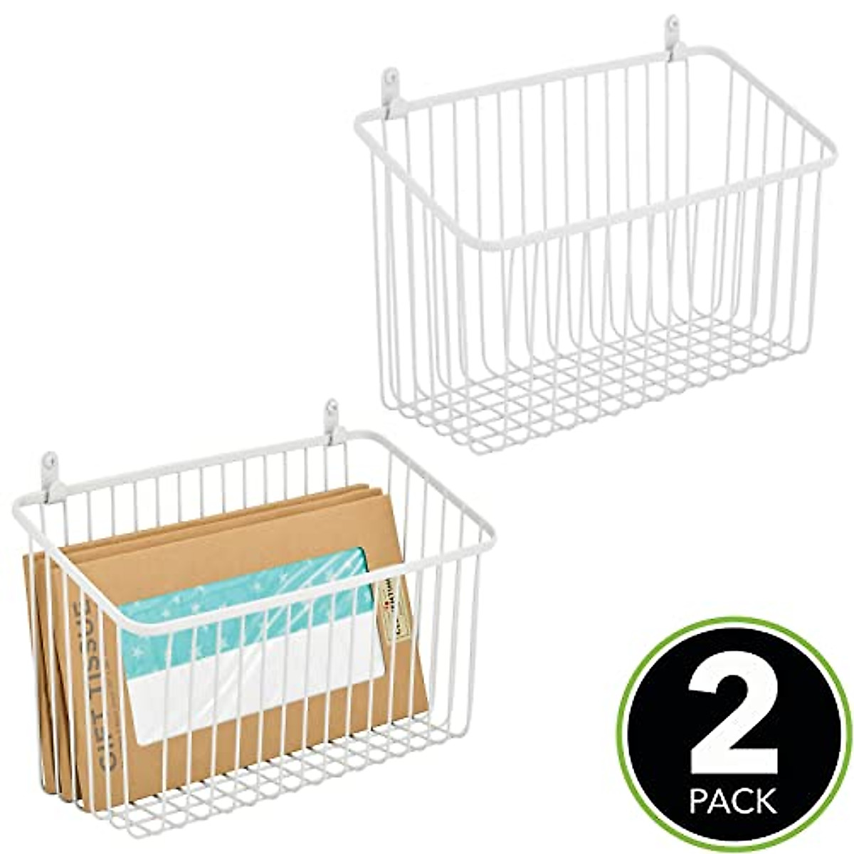 mDesign Small Metal Wire Wall Mounted Storage Organizer Basket Bin for Hanging in Kitchen, Garage, Entryway, Mudroom, Bedroom, Bathroom, Laundry Room - Unity Collection - 2 Pack - White