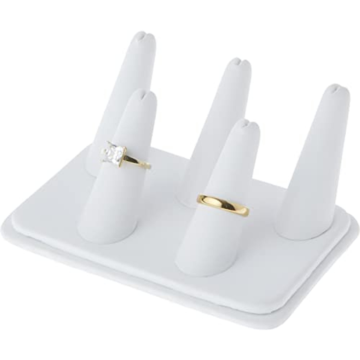 Plymor White Faux Leather Ring Finger Display, Five on Rectangular Base, 5.25" W x 3.625" D x 2.25" H