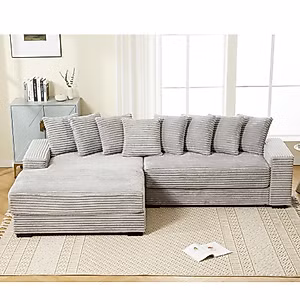 WILLIAMSPACE 111" Sectional Sofa Couch for Living Room, Modern Upholstered L-Shape Sofa 3 Seater Couch with Chaise & Pillows, Contemporary Corner Sofa for Apartment, Corduroy (Left-Facing,Gray)