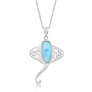 Beaux Bijoux Nautical Stingray Caribbean Natural Larimar Gemstone Sterling Silver Pendant 18’’ Necklace Jewelry for Women or Teens