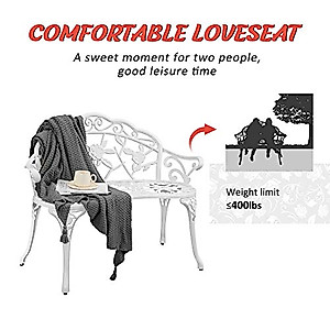 HOMEFUN Patio Outdoor Bench, White Cast-Aluminum Garden Benches Metal Loveseat Outdoor Furniture for Park Lawn Front Porch