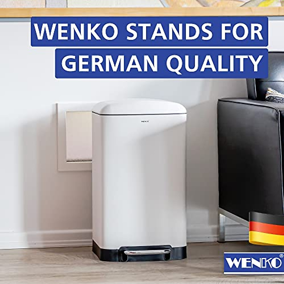 WENKO 54920218 8 Gallon Kitchen with Foot Pedal, Hands Free, Made of Steel, Dimensions (WxHxD): 13.4x24x12.8 in, Trash Can with lid, White