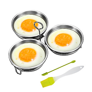 Stainless Steel Egg Poacher, 3 Poached Egg Cooker Cups Nonstick Poached Egg Pan Boiled Eggs Maker Egg Poacher Pan Cups Round Poached Egg Pan with Oil Brush and Spoon for Breakfast Boiled eggs