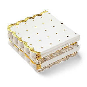 100 Pack White Scalloped Napkins with Gold Foil Edges and Dots for Wedding, Bridal, Baby Shower, Christening, any Occassion, Dinner Luncheon (3-Ply, 6.3 x 6.3 In)