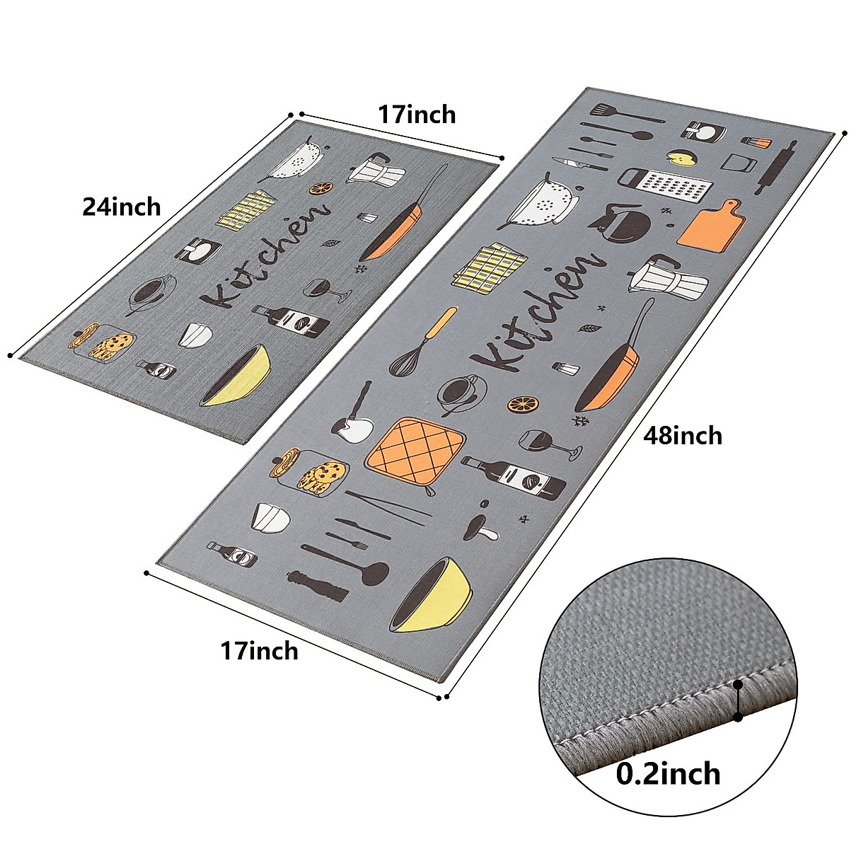Carvapet 2 Pieces Non-Slip Kitchen Rug TPR Non-Skid Backing Mat for Doorway Bathroom Runner Rug Set, Grey Kitchen Design (17"x48"+17"x24")