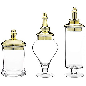 MyGift Set of 3 Antique Apothecary Style Glass Jars with Metallic Brass-Tone Lids