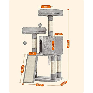 Feandrea Cat Tower, Cat Tree for Indoor Cats, 45.3-Inch Cat Condo with Scratching Post, Ramp, Perch, Spacious Cat Cave, for Kittens, Elderly Cats, Adult Cats, Small Space, Light Gray UPCT141W01