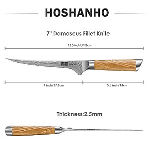 HOSHANHO 7 Inch Damascus Fillet Knife, Professional VG-10 Super Steel Japanese Boning Knife, Ultra Sharp Fish Knife with Ergonomic Olive Wood Handle