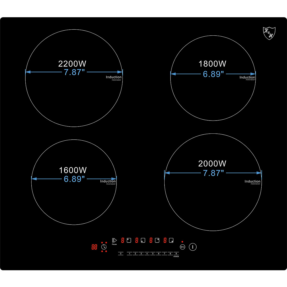 K&H 4 Burner 24 Inch Built-in Induction Electric Stove Top Ceramic Cooktop Touch Control 240V 6000W IN24-6004