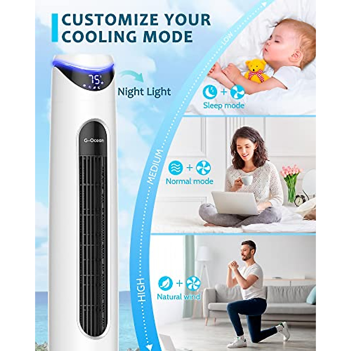 Evaporative Cooler - 46" Swamp Cooler with Remote, G-Ocean Air Cooler Fan with Night Light, 8H Timer, Oscillating, 3 Modes, 3 Speeds, 2 Ice Packs, Portable Air Conditioner for Home/Office/Outdoor