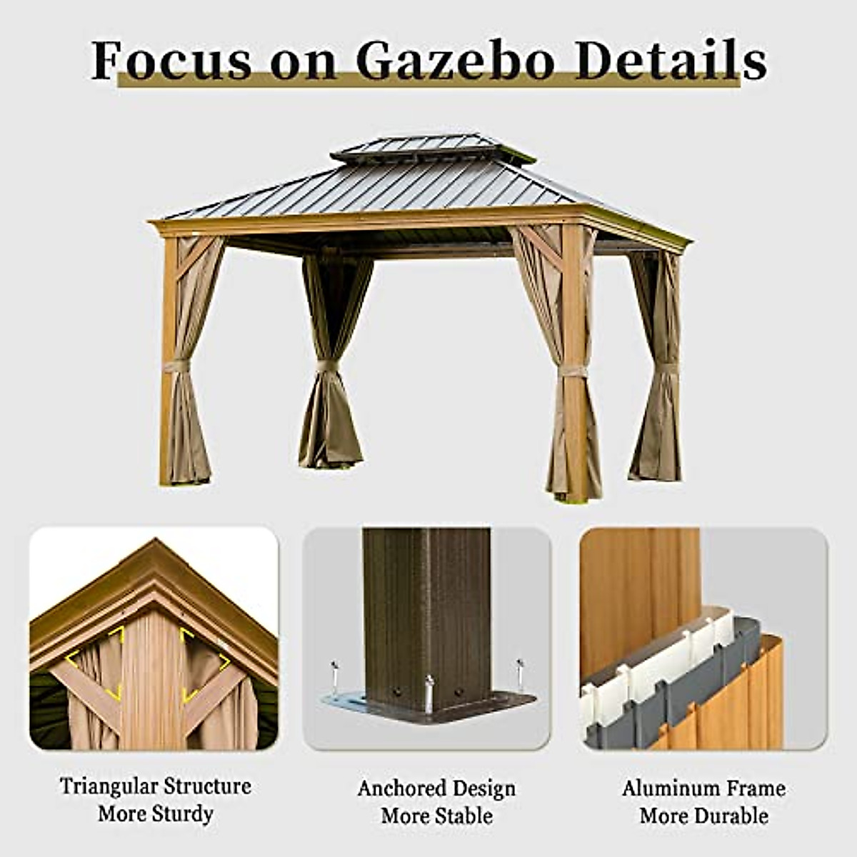 Domi Outdoor Living 10’x12’ Hardtop Gazebo, Wooden Coated Aluminum Frame Canopy with Galvanized Steel Double Roof, Outdoor Permanent Metal Pavilion with Curtains and Netting for Patio, Deck and Lawn