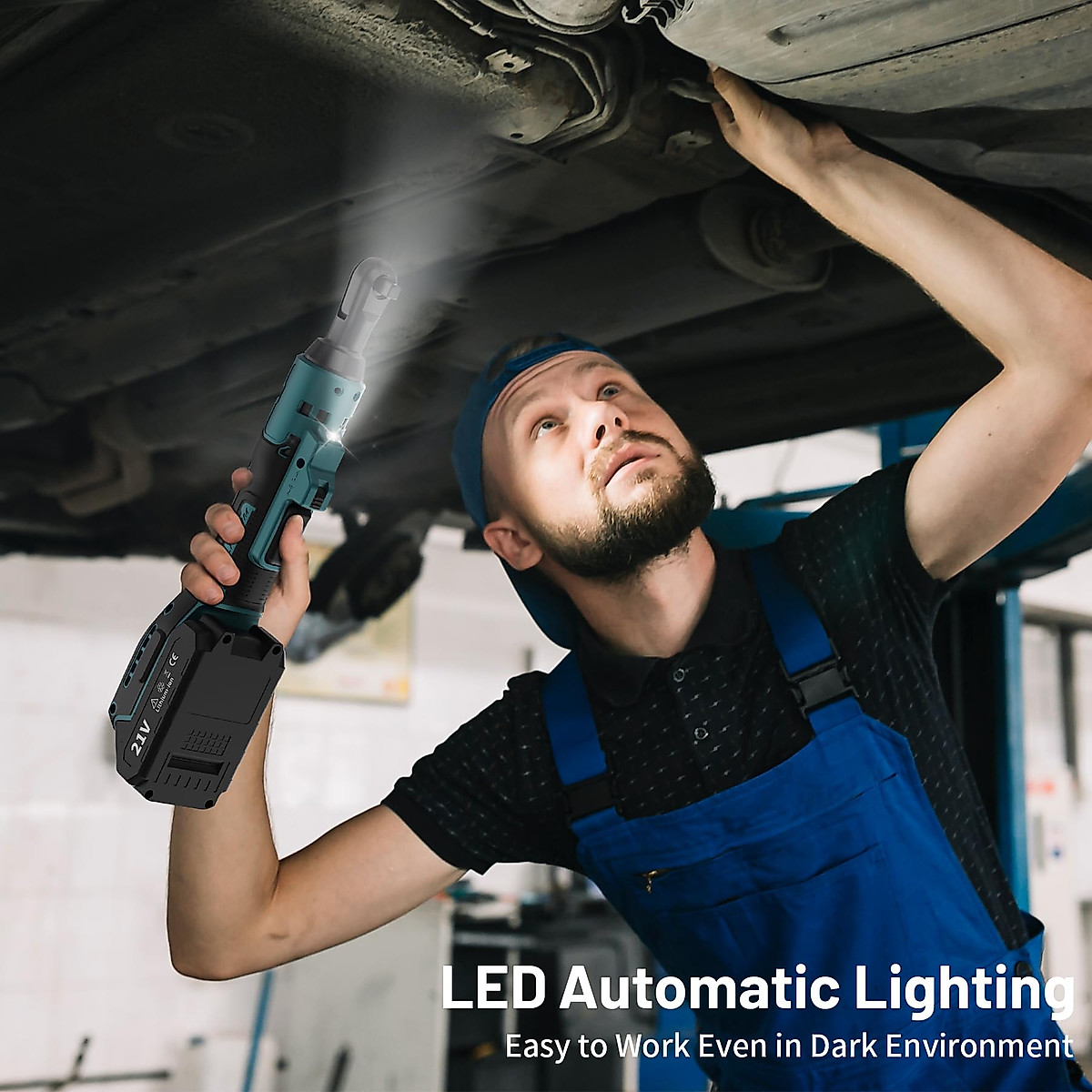 Housiwill 21V 3/8" Cordless Ratchet Wrench Set , Electric Ratchet Wrench Set with 2*2000mAh Li-ion Batteries + 1*2A Charger + 9*Bolt Sockets , 60 ft-lbs 450 RPM Cordless Electric Ratchet Wrench Set.