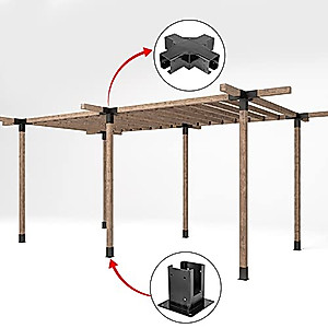 5-Way Woodwork DIY Pergola Brackets Kit, Elevated Wood Stand Kit with Powder-Coated Steel, Including 5-Way Corner Bracket & Post Anchor Base | Modular Pergola/Gazebo Kit for 4x4 Wood Post Glossy Black