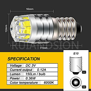 Ruiandsion 2pcs E10 Base LED Upgrade Bulb 3V COB 2W Replacement for Flashlights Torch Lights, White