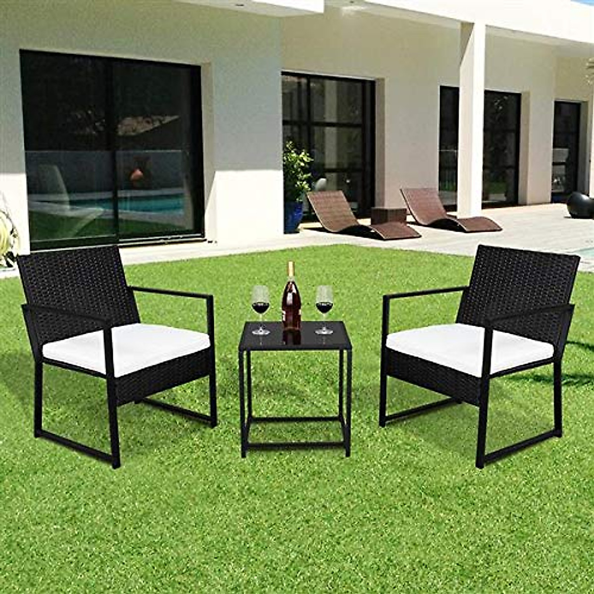 3 PCS Patio Wicker Rattan Furniture Set, Rattan Chair with Coffee Table, Bistro Set Rattan Chair Conversation Sets Garden Furniture for Patio Garden Lawn Backyard Pool (Black-A)