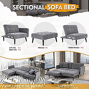 GYUTEI 100" Convertible Sectional Sofa Bed, Modern Linen 3-seat L-Shaped Couch with 3 Angle Adjustable Backrest, Upgrade Soft Cushion & Sturdy Construction for Living Room and Apartment (Dark Gray)