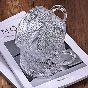 2PCS Vintage Glass Coffee Mugs with 2PCS Gold Spoons, Glass Coffee Cups Breakfast Tea Mug 14Oz Clear Embossed Glass Drinking Cup for Cappuccino, Latte, Yogurt, Beverage, Christmas Thanksgiving Gifts