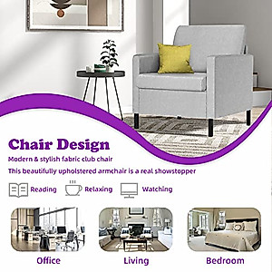 TYBOATLE Modern Upholstered Linen Fabric Accent Arm Chairs, Living Room Single Sofa Chair with Metal Legs, Comfy Reading Lounge Armchair for Small Spaces, Apartment, Bedroom, Office (Light Grey)