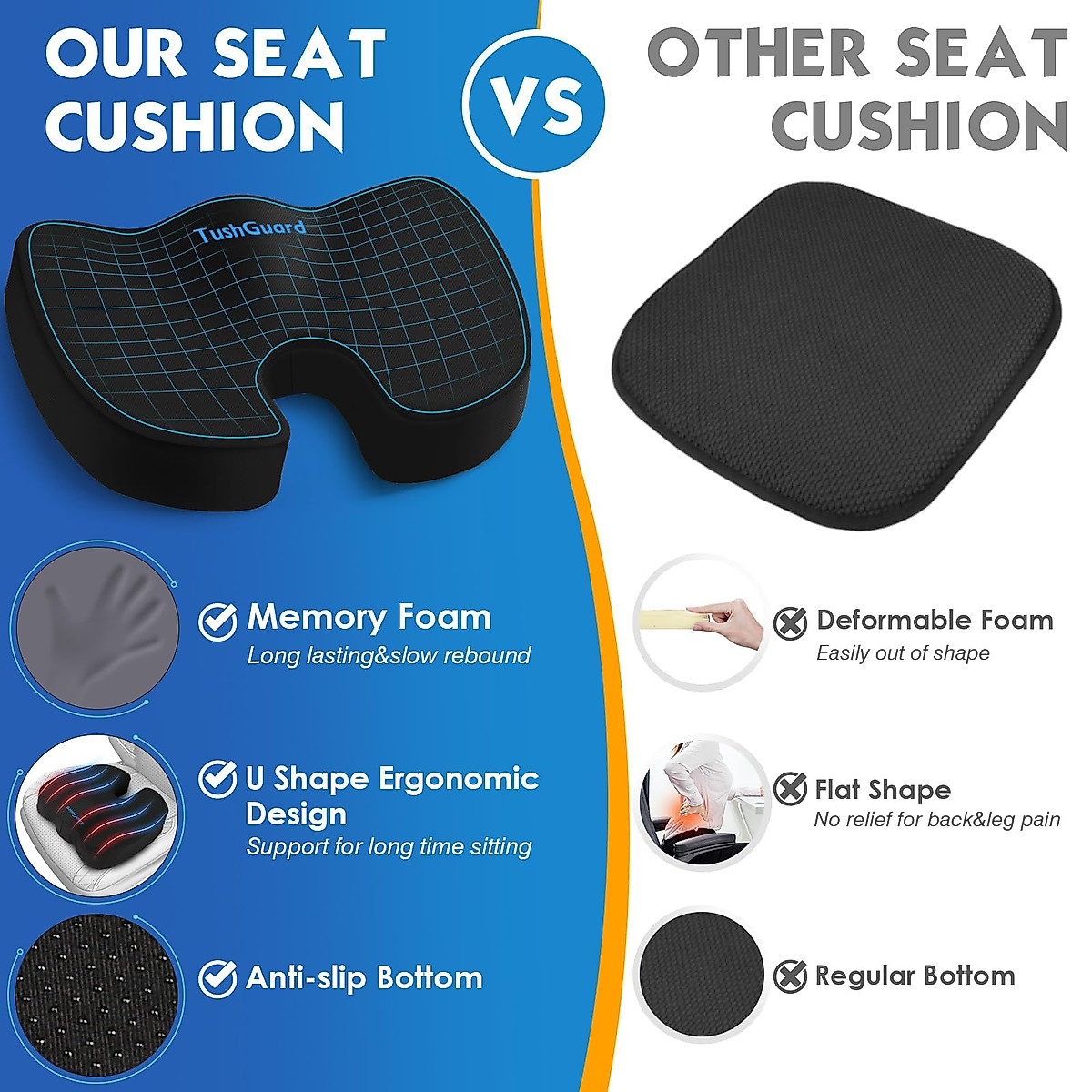 TushGuard Seat Cushion for Office Chair Memory Foam Non-Slip Desk Chair Cushion Back, Coccyx, Sciatica, Tailbone Pain Relief Butt Pillow for Office Chair, Car, Wheelchair, Black