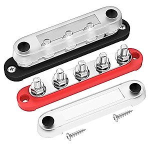 DaierTek 12V Power Distribution Block 5 x 5/16" (M8) Terminal Studs 12V Bus Bar with Cover Max 300V AC 48V DC Positive & Negative Battery Distribution Block for Automotive Car Boat