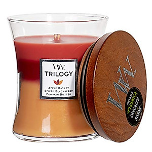 WoodWick Trilogy Autumn Harvest - Apple Basket, Spiced BlackBerry, Pumpkin Butter Scented Hourglass Crackling Wooden Wick Candle in Clear Glass Jar, Medium - 9.7 Oz