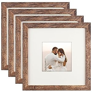 AVEAX 8x8 Picture Frames Display Pictures 4x4 with Mat or 8x8 Without Mat, Set of 4 Square Photo Frame for Wall or Tabletop Brown