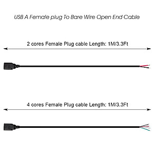KSOPUERT 2Pcs USB A Female Plug to Bare Wire Open End Cable 3.3Ft(100cm) 5V 2.1A 2 & 4 cores Power and Data Transmission Pigtail Repair Tin on The Tail Cable Cord DIY Black