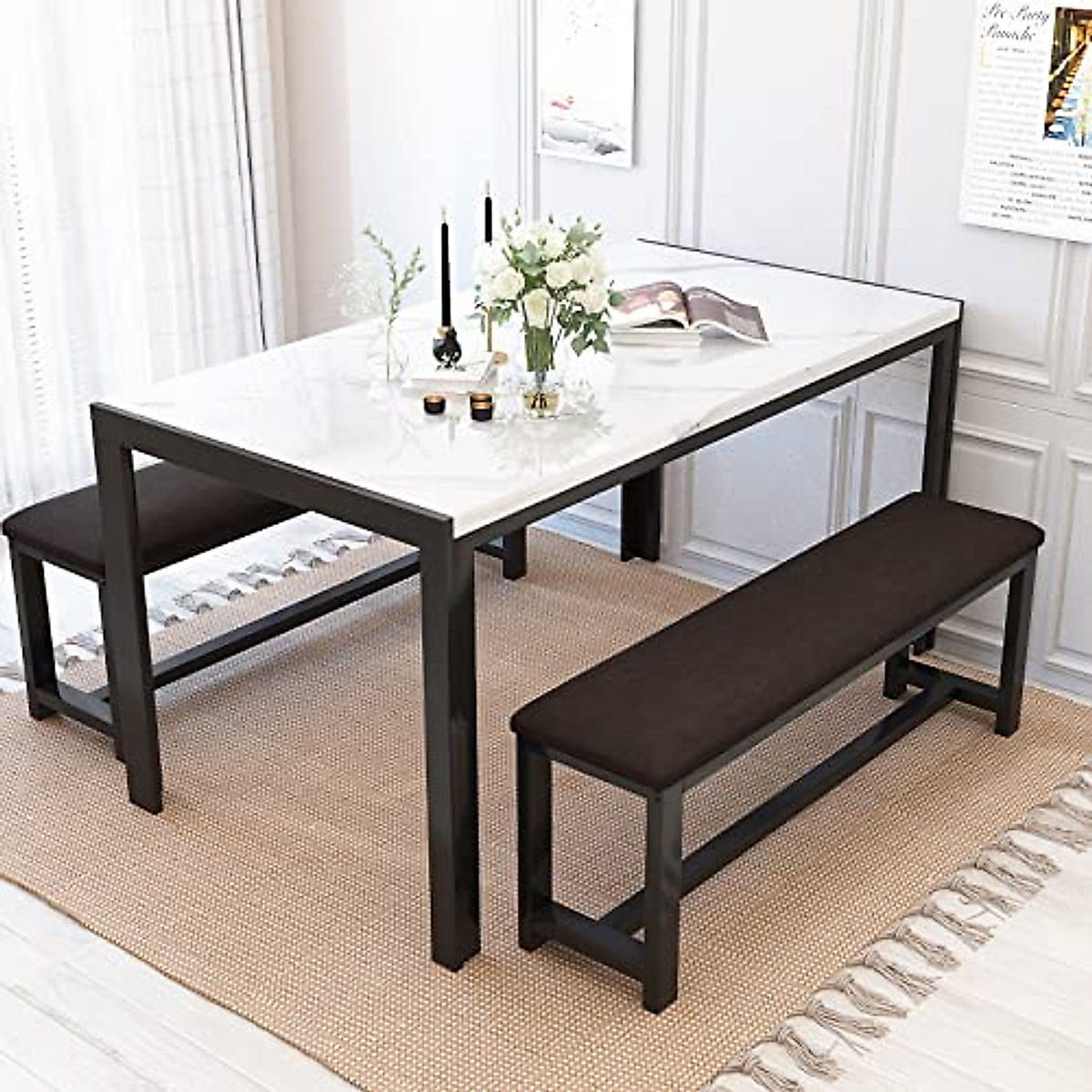DKLGG Dining Room Table Set for 4, Faux Marble Kitchen Table with 2 PU Leather Upholstered Dining Benches, Upgrade Dinner Table Set for 4-6, Kitchen & Dining Room Tables for Small Space Apartment