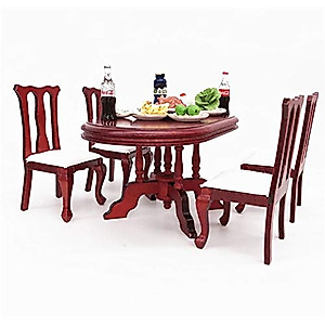 EatingBiting 1:12 Dollhouse Miniature Furniture Red Wooden Dining Table Chairs 5pcs Set 1 Table and 4 Chair Wooden Creative Handcraft Gift for Boys Girls Perfect for Interior Model.